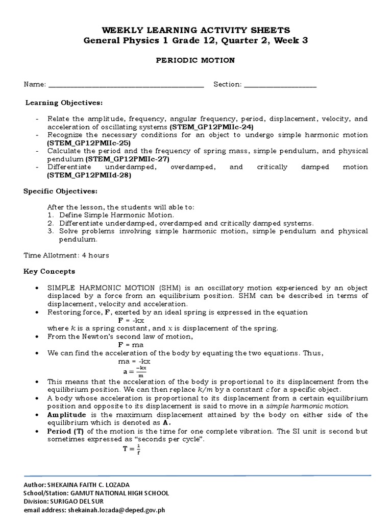 Weekly Learning Activity Sheets General Physics 1 Grade 12, Quarter 2, Week 3 | PDF | Metrology ...