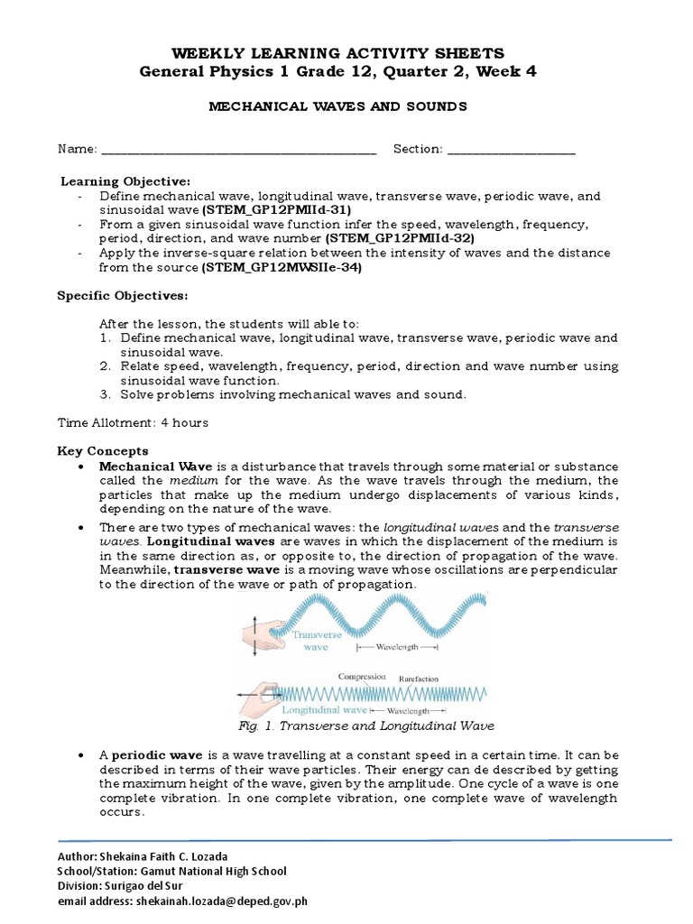 Weekly Learning Activity Sheets General Physics 1 Grade 12, Quarter 2, Week 4 | PDF | Waves ...