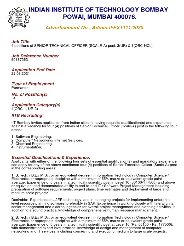 IIT Bombay Senior Technical Officer Roles | PDF | Laboratories ...