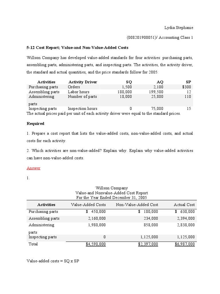 5-12 Cost Report Value-And Non-Value-Added Costs: Answer | PDF ...