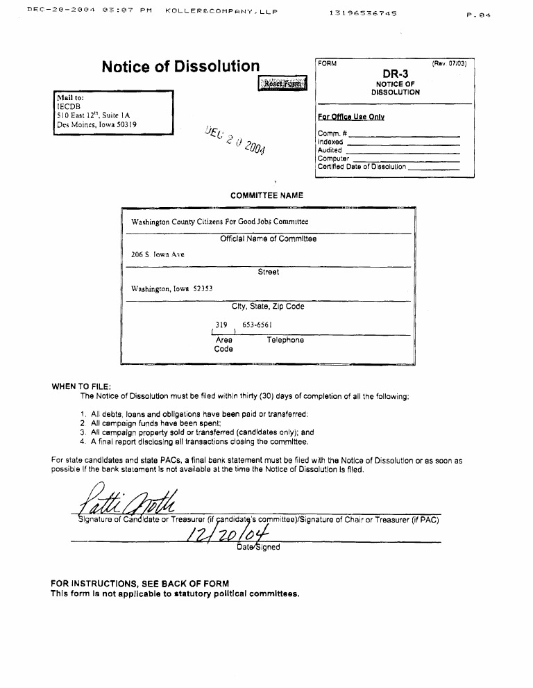 Notice of Dissolution for Political Committee | PDF | Political Action ...