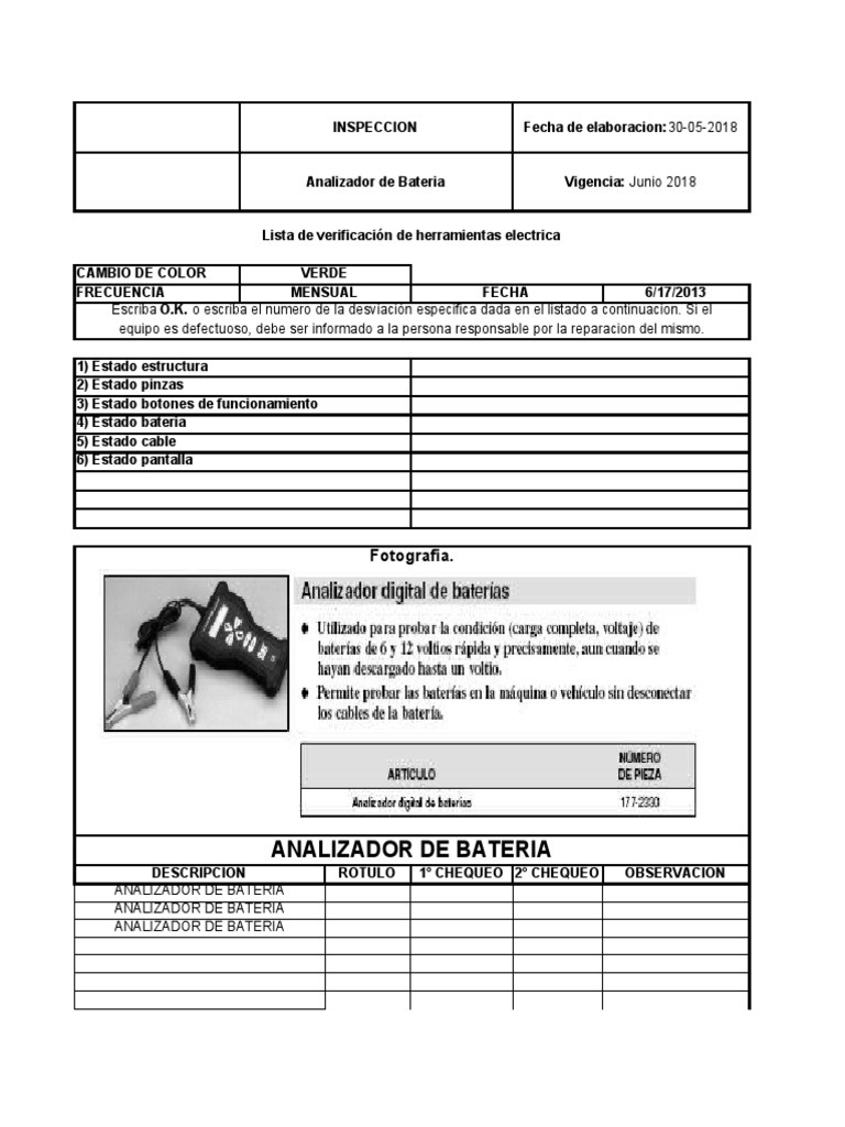 Check List Analizador de Bateria | PDF