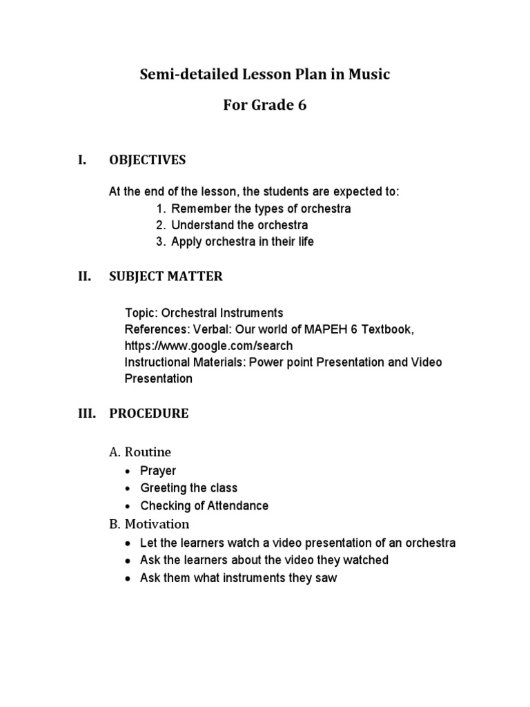 Grade 6 Semi-Detailed Music Lesson Plan | PDF | Orchestras | String ...