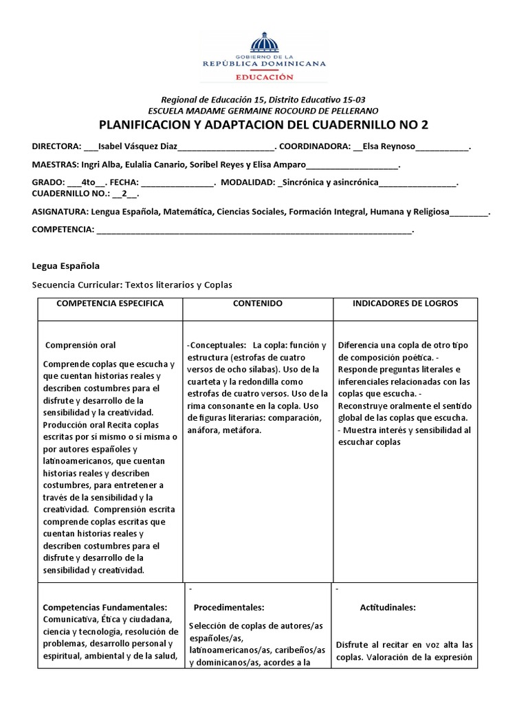 Planificacion Del Cuadernillo de 4to Grado Ingri, Eulalia, Soribel y ...