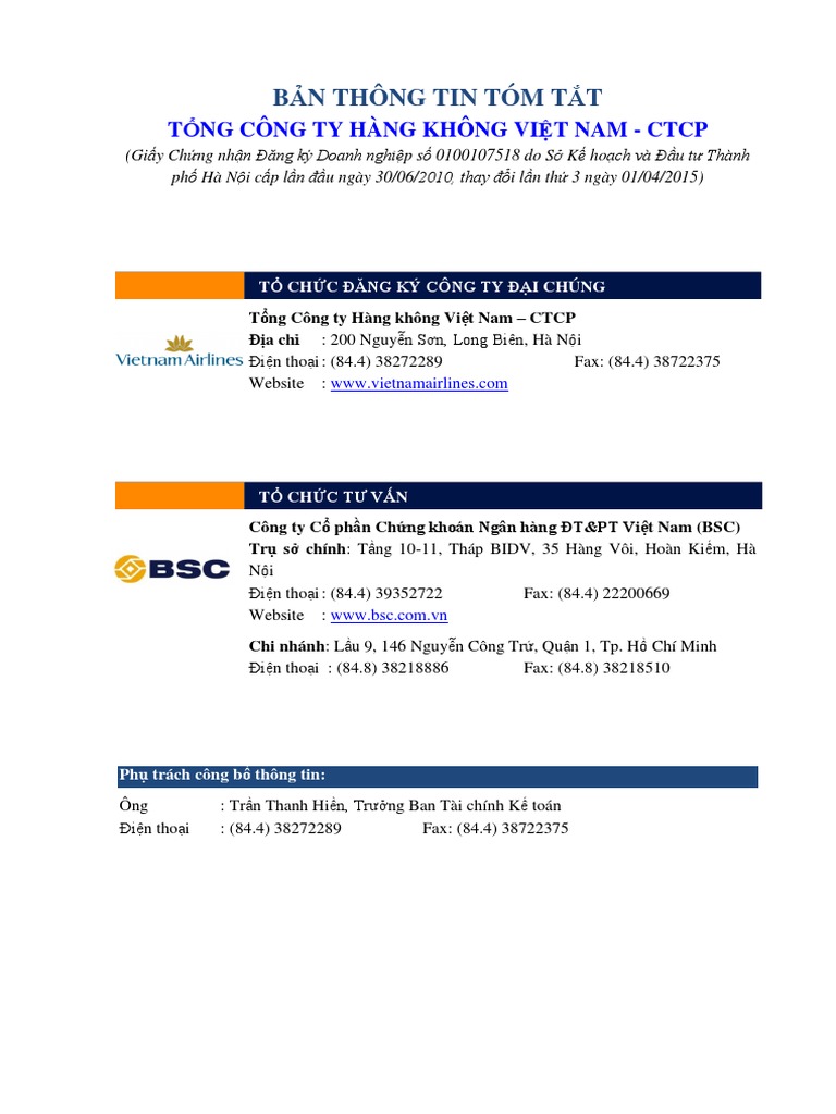 Bản Thông Tin Tóm Tắt: Tổng Công Ty Hàng Không Việt Nam - Ctcp | PDF