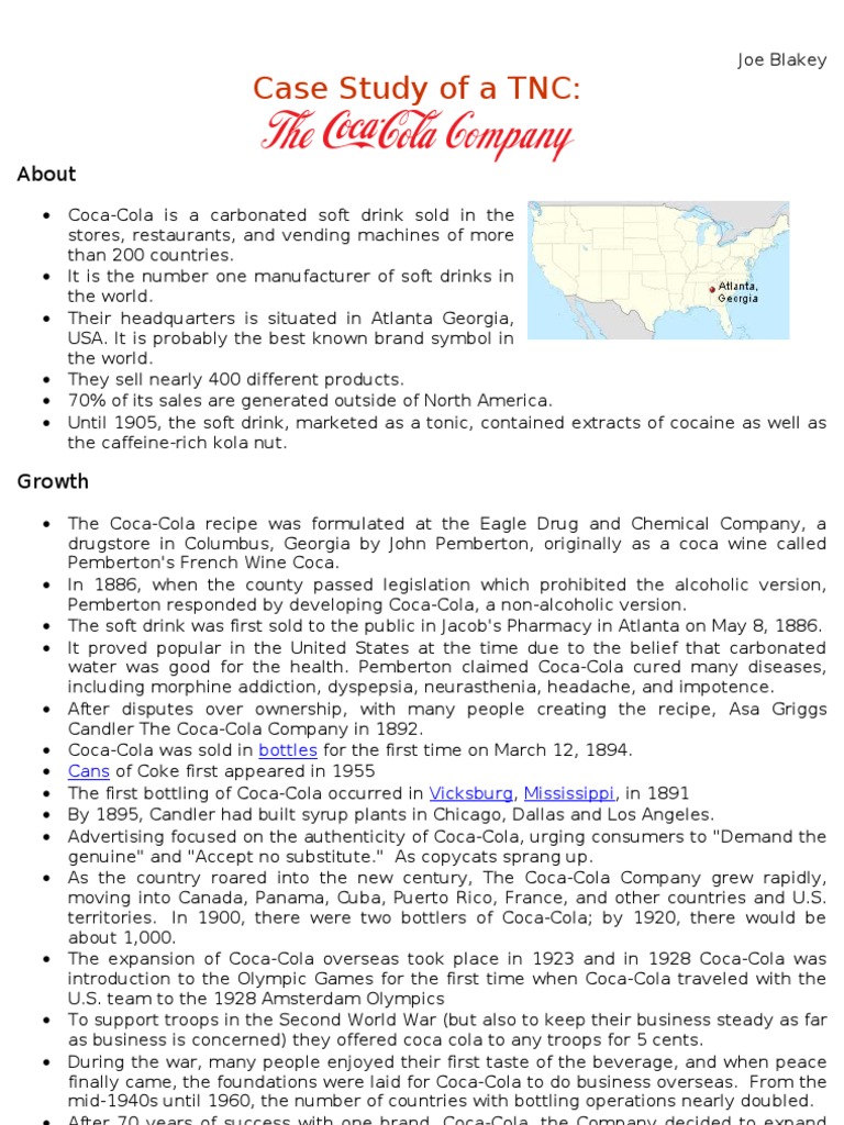 Case Study of A TNC - Coca Cola | PDF | Coca Cola | The Coca Cola Company