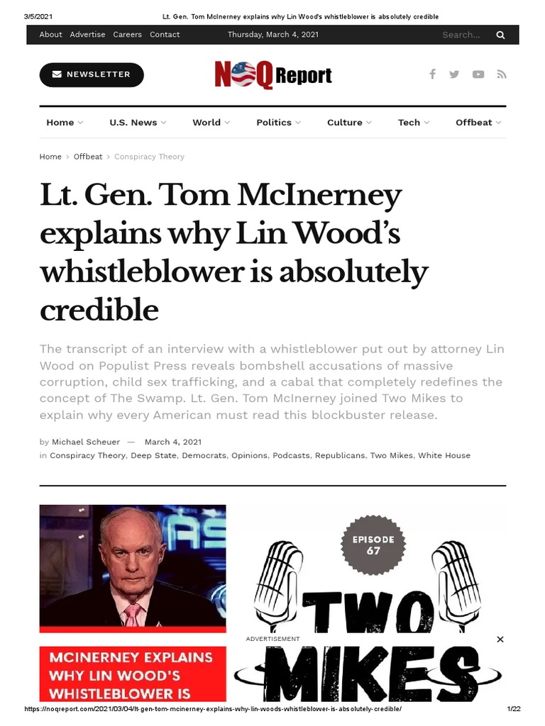 Lt. Gen. Tom McInerney Explains Why Lin Wood's Whistleblower Is ...