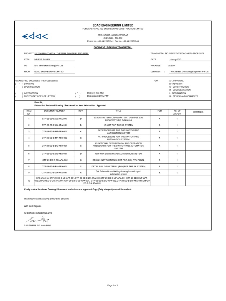 Edac Engineering Limited: Document / Drawing Transmittal | PDF ...