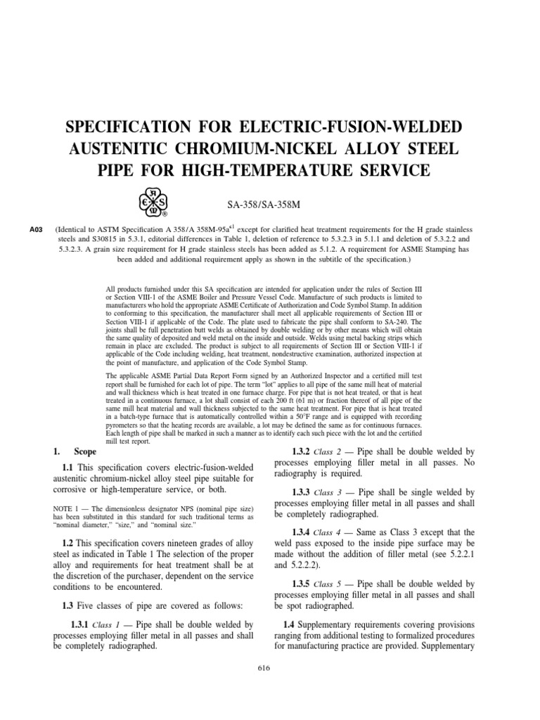 Asme Sa-358 | PDF | Pipe (Fluid Conveyance) | Heat Treating