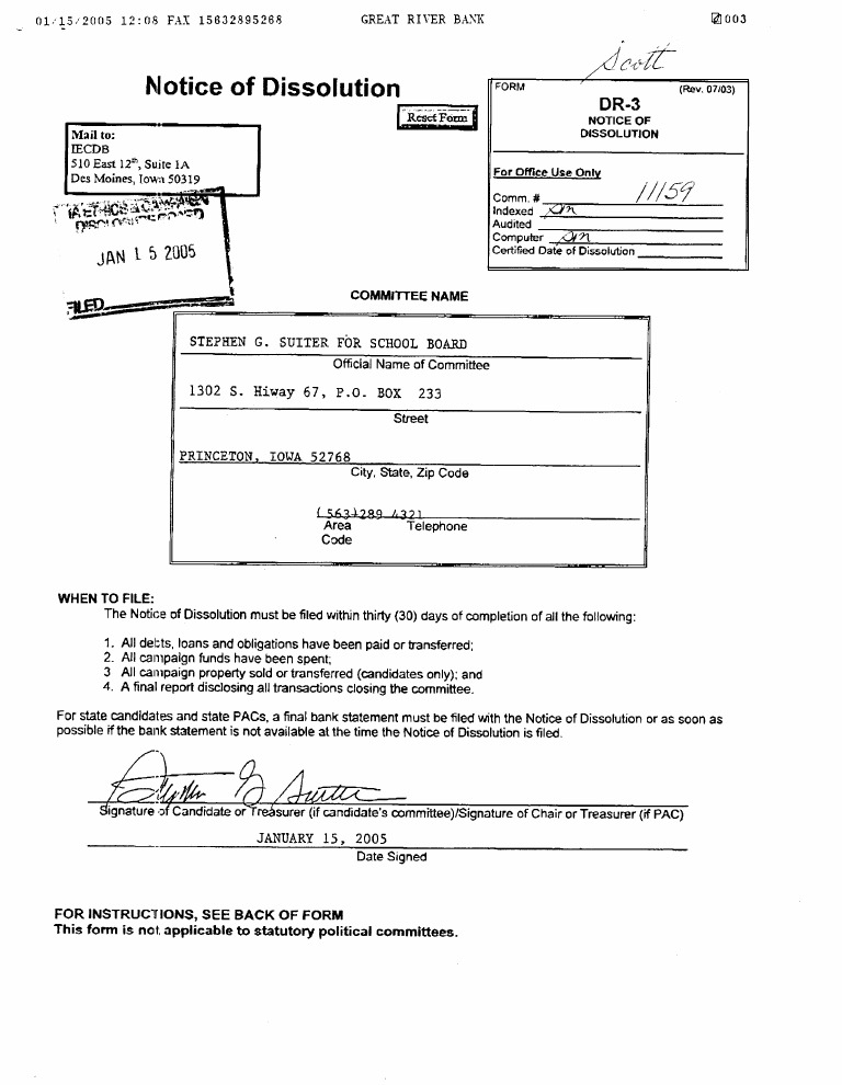 Notice of Dissolution for Campaign Committees | PDF | Political Action ...