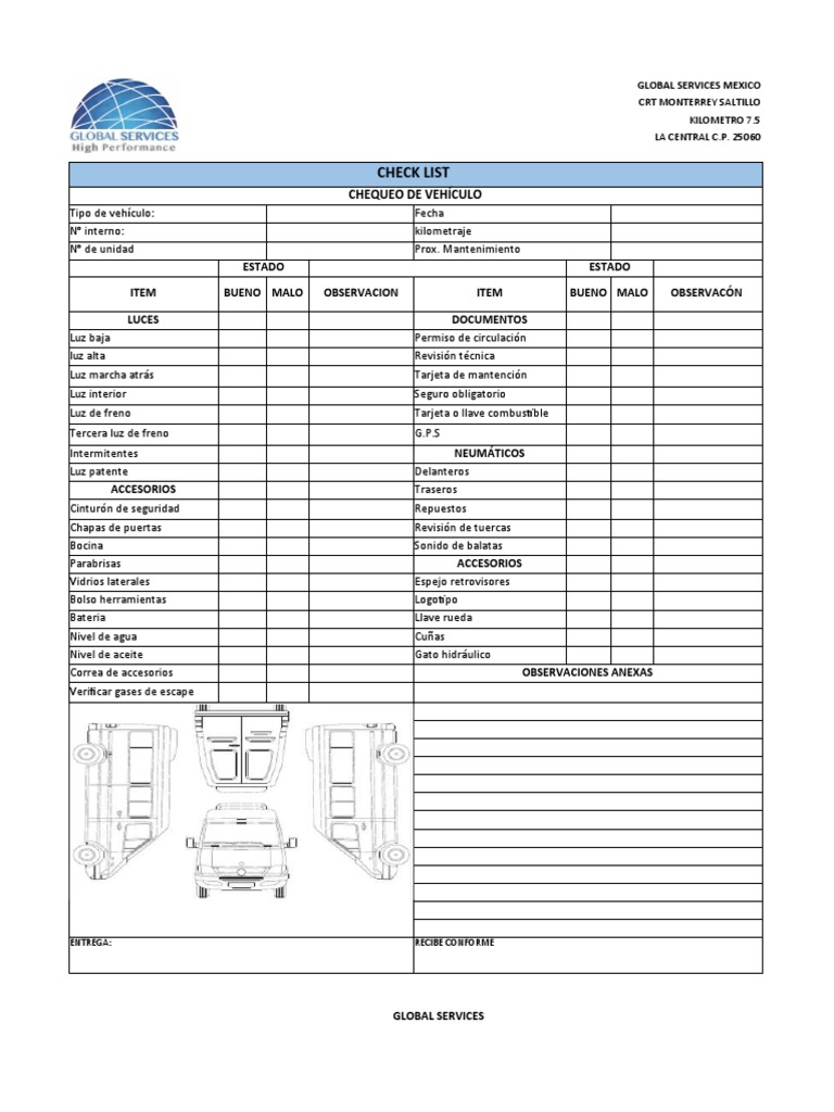 Checklist de revisión vehicular para mantenimiento preventivo | PDF ...