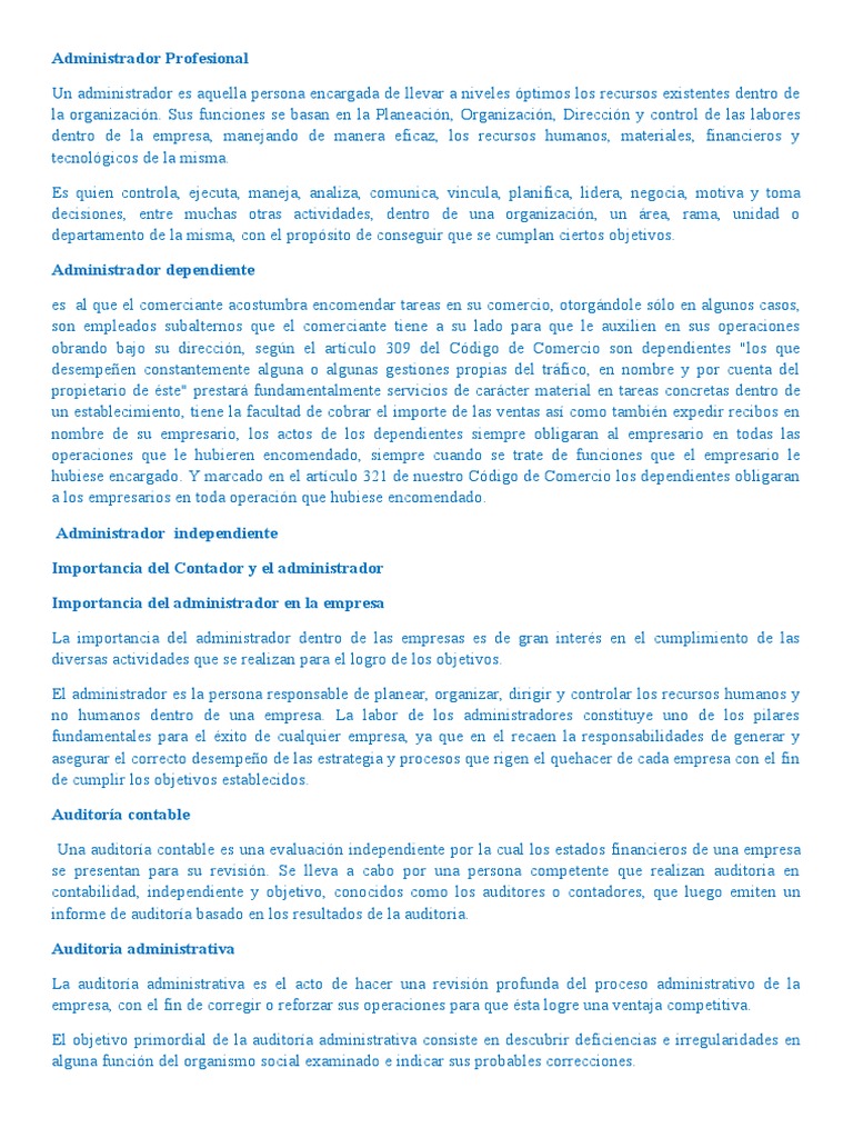 Funciones y Tipos de Administradores | PDF | Contador | Auditoría