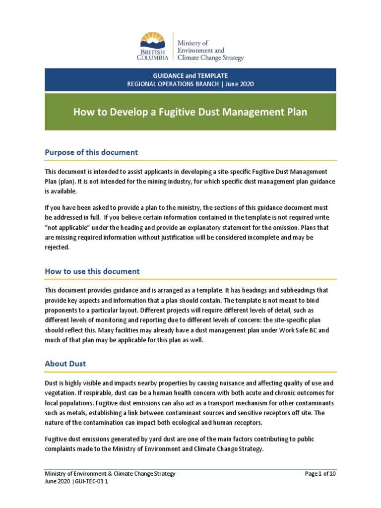 How To Develop A Fugitive Dust Management Plan: Purpose of This ...