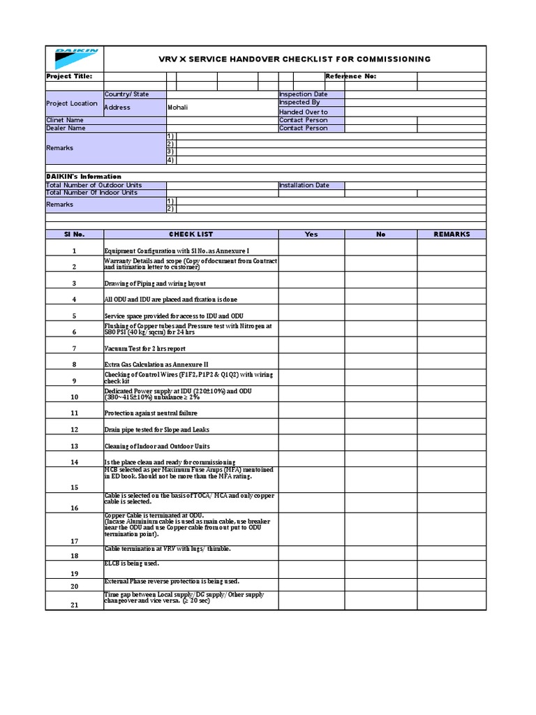 VRV X Service Handover Checklist For Commissioning | PDF | Duct (Flow ...