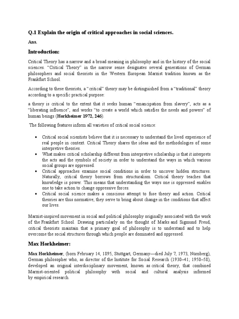 Q.1 Explain The Origin of Critical Approaches in Social Sciences | PDF ...