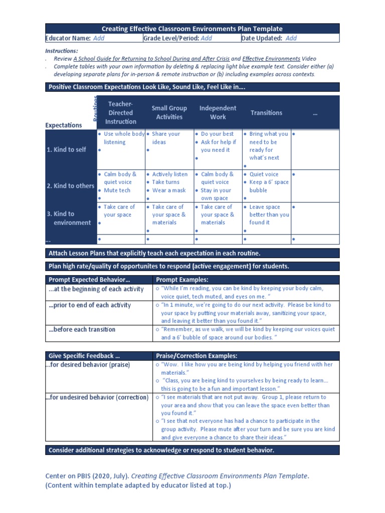 Creating Effective Classroom Environments Plan Template | PDF ...