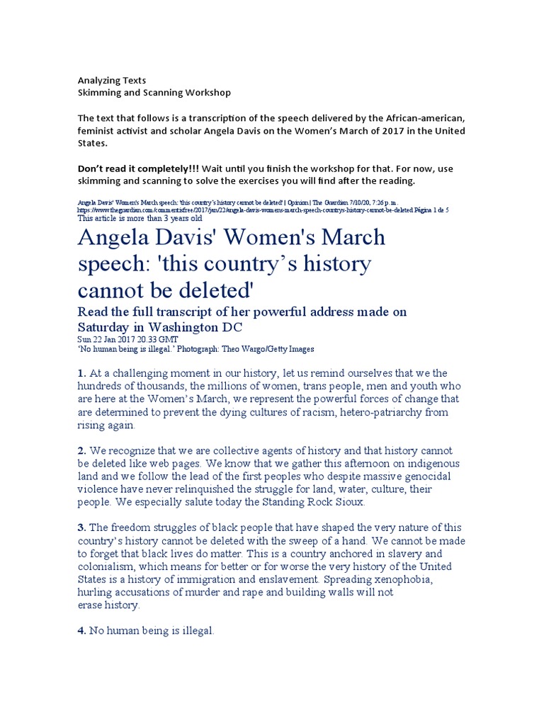 Angela Davis Women's March Speech Analysis | PDF | Speed Reading ...