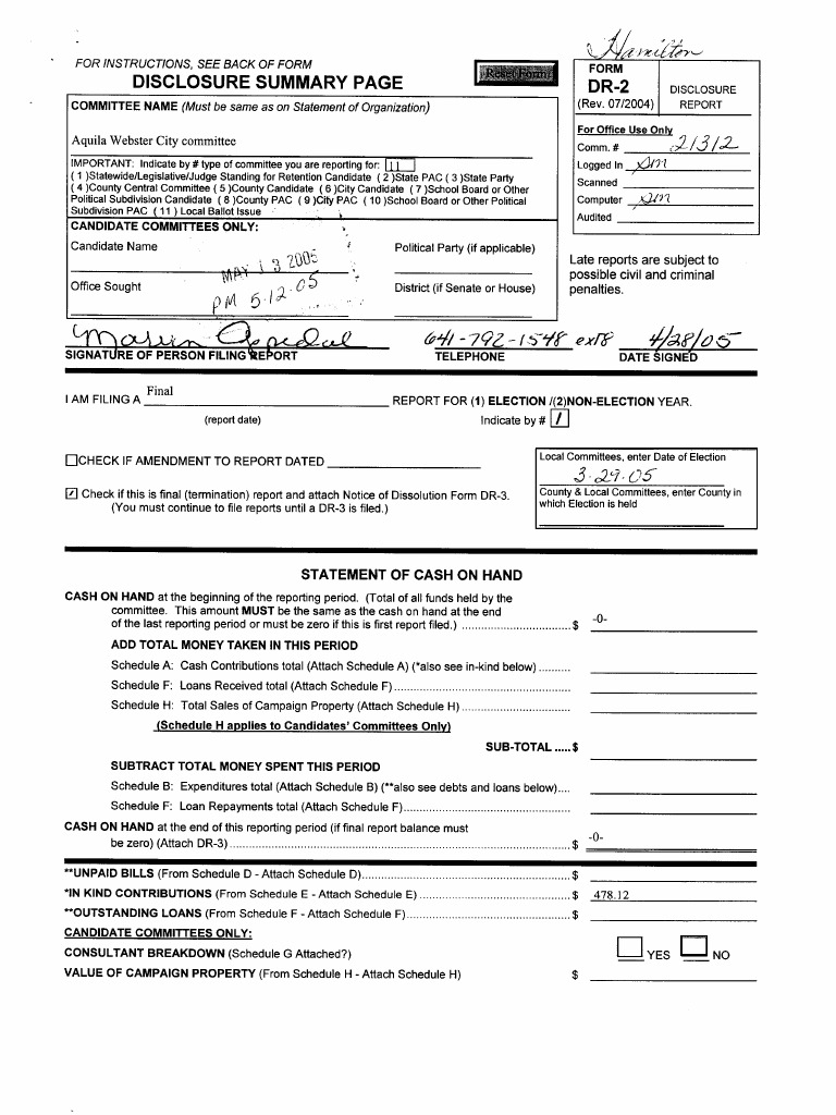Disclosure Summary Page DR-2 I Disclosure: ' For Instructions, See Back ...