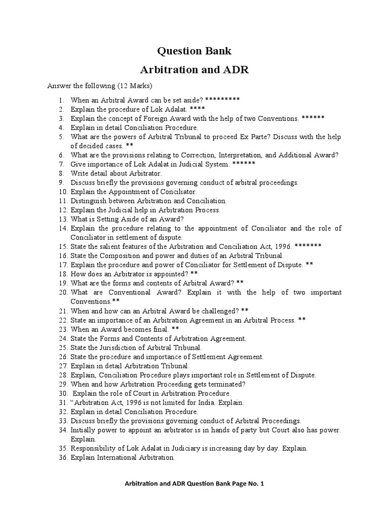 Question Bank Arbitration and ADR | PDF | Alternative Dispute ...