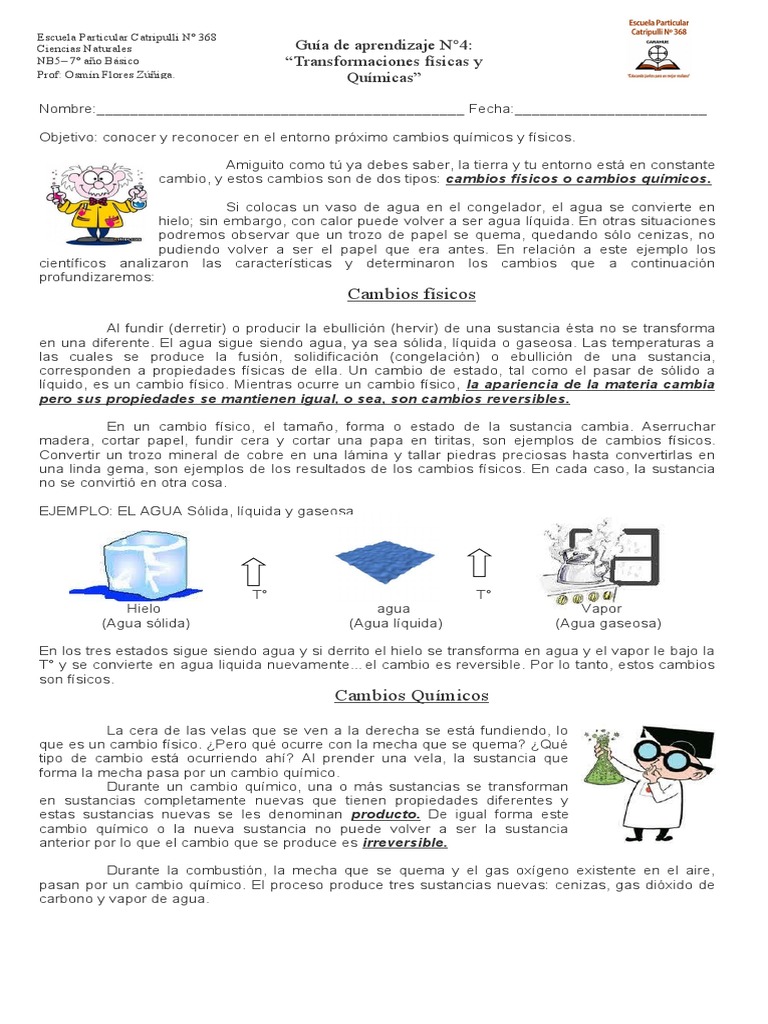 Ficha de Aprendizaje N°3 Cambios Quimicos y Fisicos | PDF | Reacciones ...