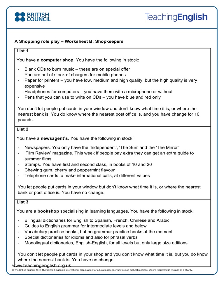 A Shopping Role Play Worksheet B | PDF | Cuisine | Foods