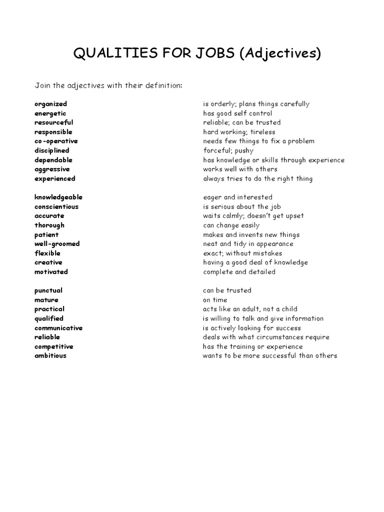 QUALITIES FOR JOBS (Adjectives) : Join The Adjectives With Their ...