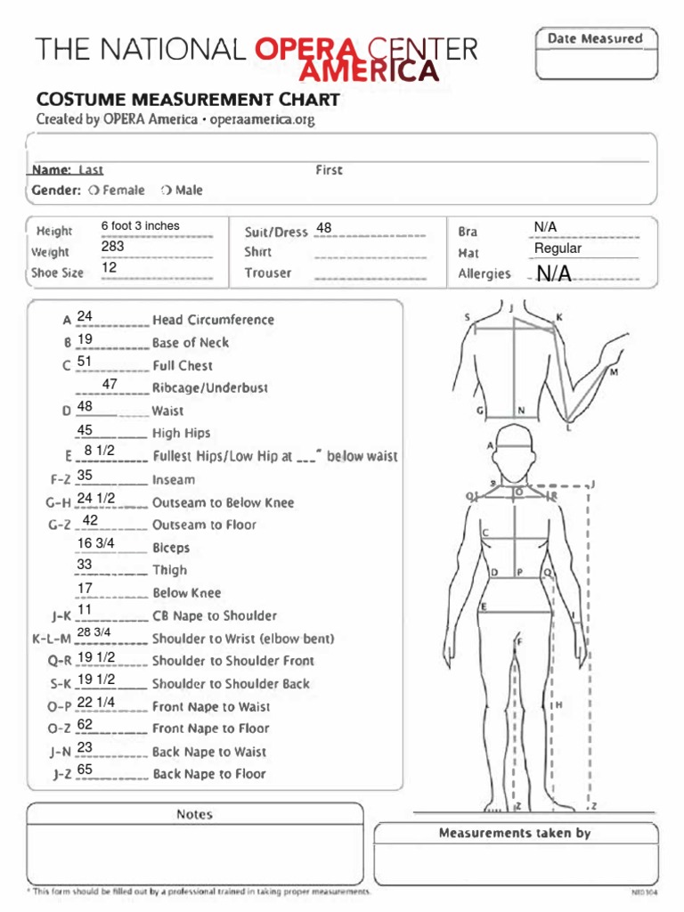 Opera Costume Measurement Form (Fillable) | PDF | Waist | Clothing