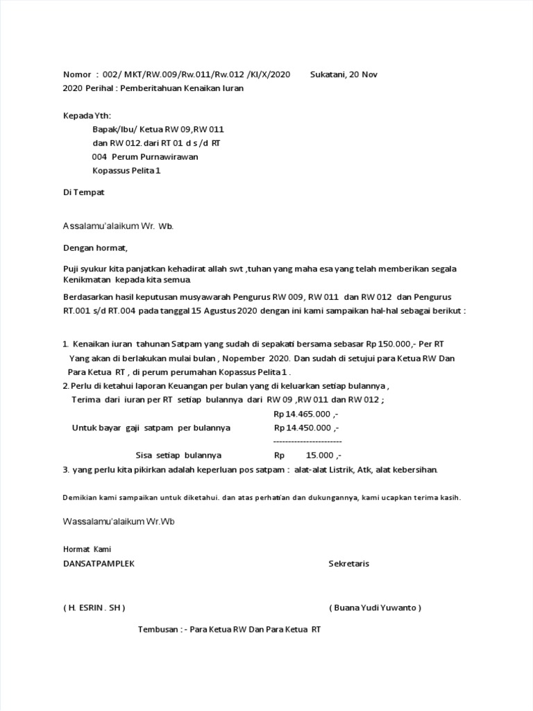 Contoh Surat Kenaikan Iuran Satpam | PDF