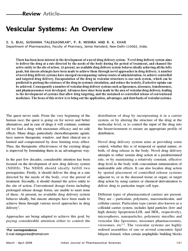 Vesicular Systems An Overview | PDF | Liposome | Phospholipid
