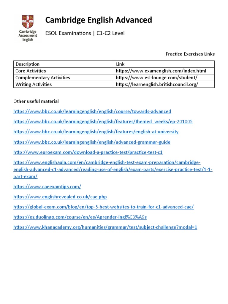 Cambridge English Advanced: ESOL Examinations - C1-C2 Level | PDF