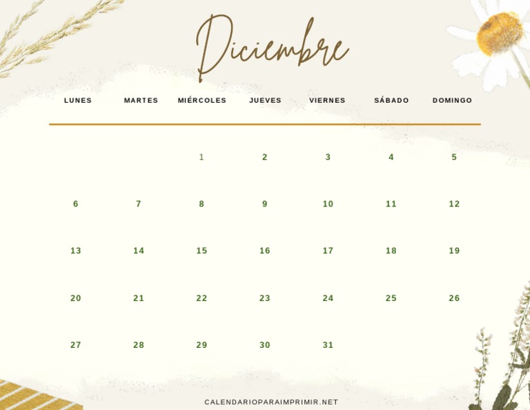 Calendario Bonito Diciembre 2021 Con Flores | PDF