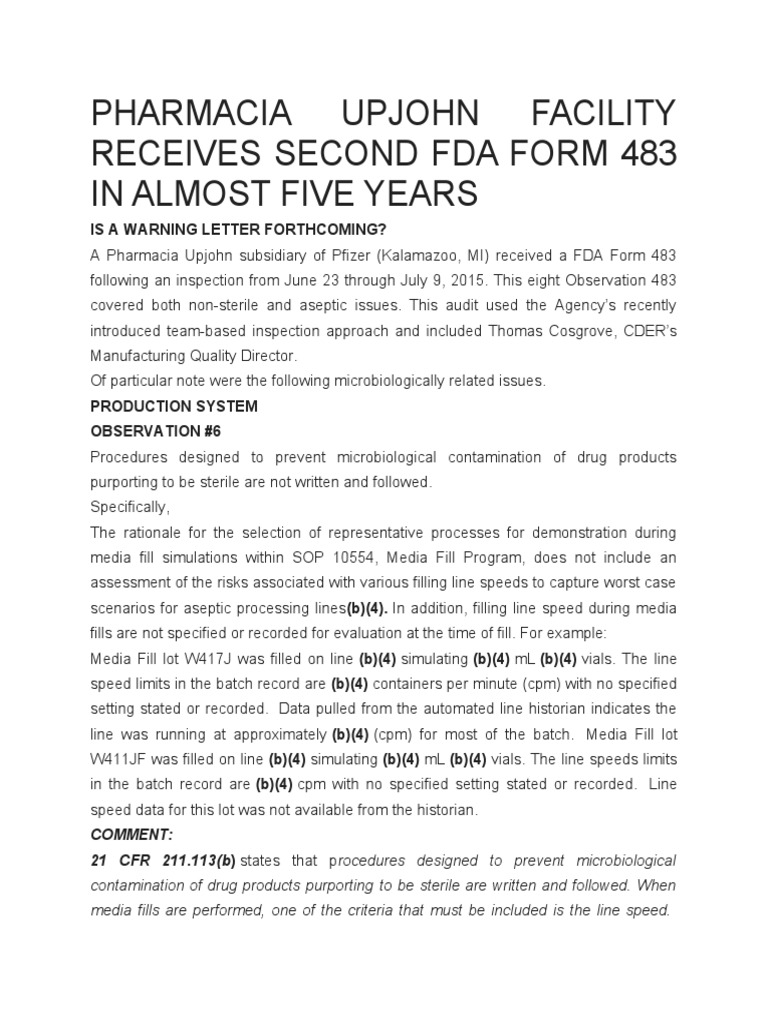 Pharmacia Upjohn Facility Receives Second FDA Form 483 in Almost Five ...