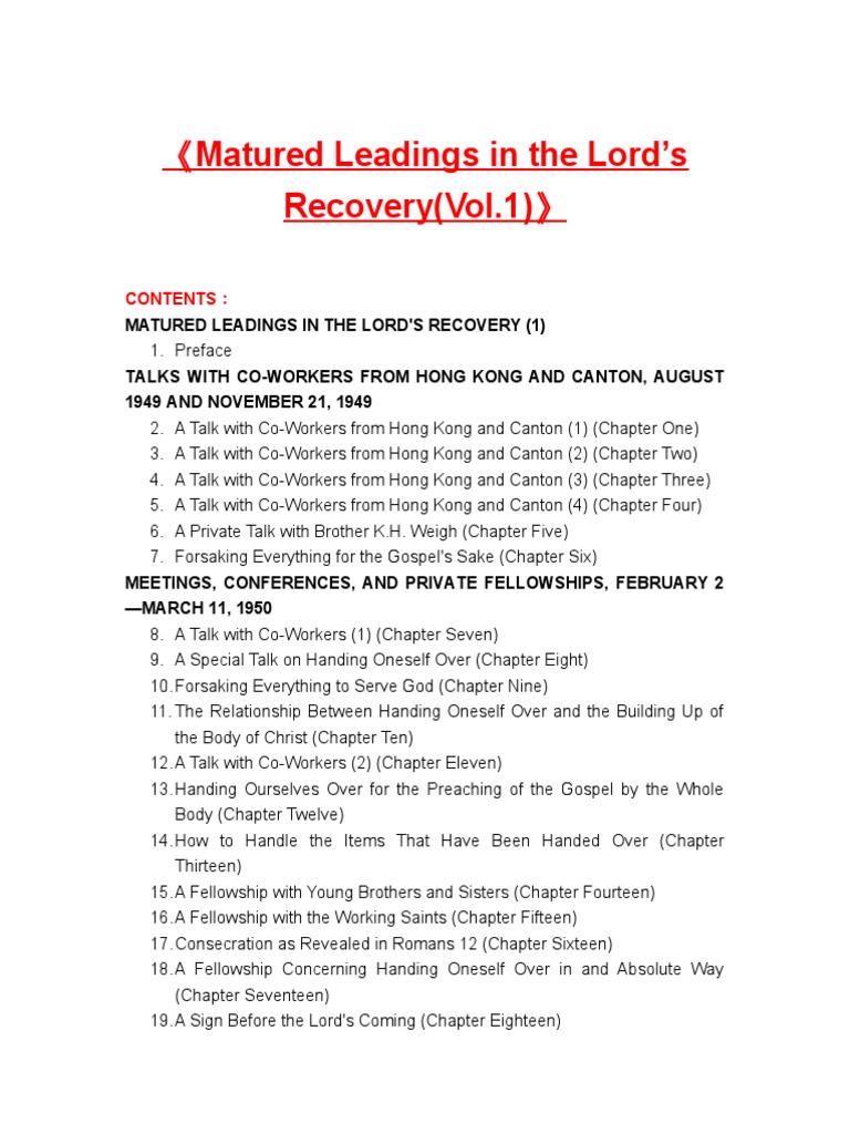 Matured Leadings in the Lord's Recovery | PDF | Faith Healing | Thought