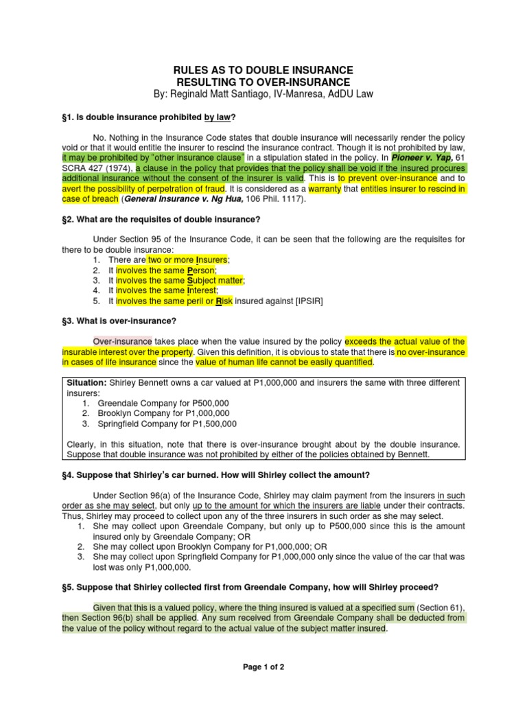 Double Insurance and Over Insurance | PDF | Insurance | Common Law