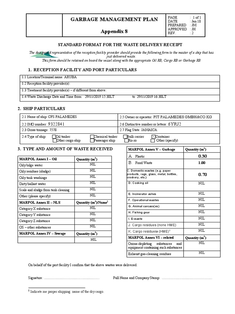 Garbage Management Plan Appendix 8: Standard Format For The Waste ...