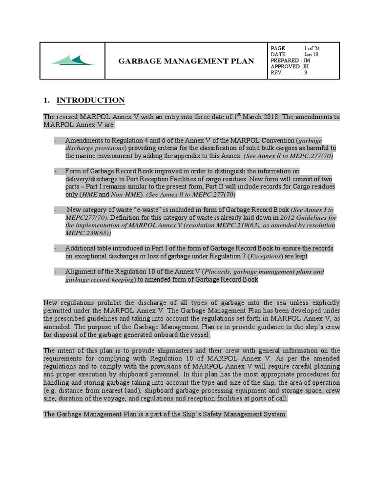 MARPOL Annex V Garbage Management Plan | PDF | Hazardous Waste | Waste
