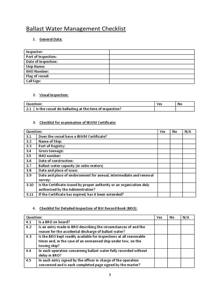 340 Att.1 Ballast Water Management Checklist | PDF | Ships | Watercraft