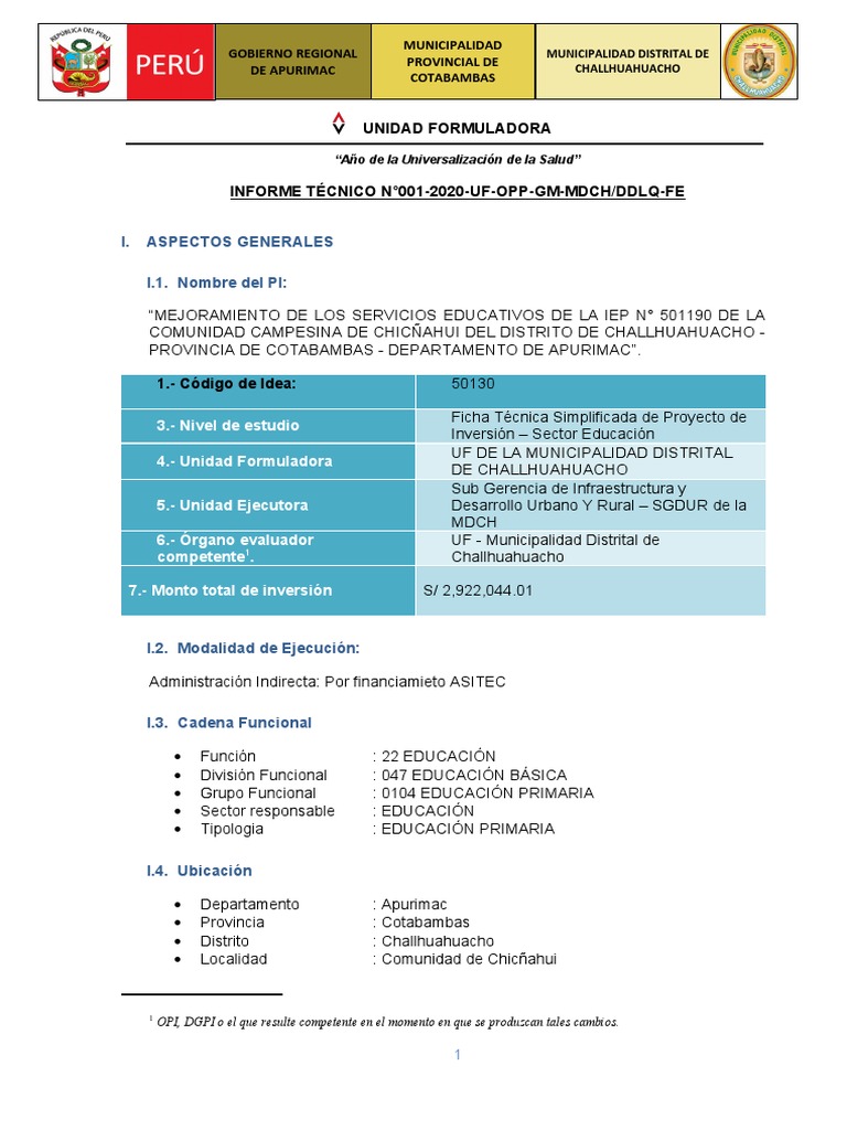 Informe Tecnico N°001 Evaluación I.E.P. Chicñahui | PDF | Presupuesto | Business