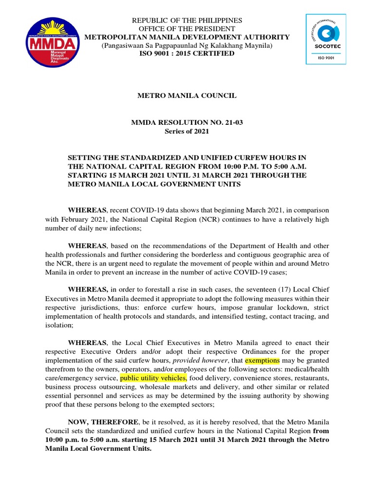 MMC Resolution 11 Mar 2021 - Curfew | PDF | Metro Manila | Emergency ...