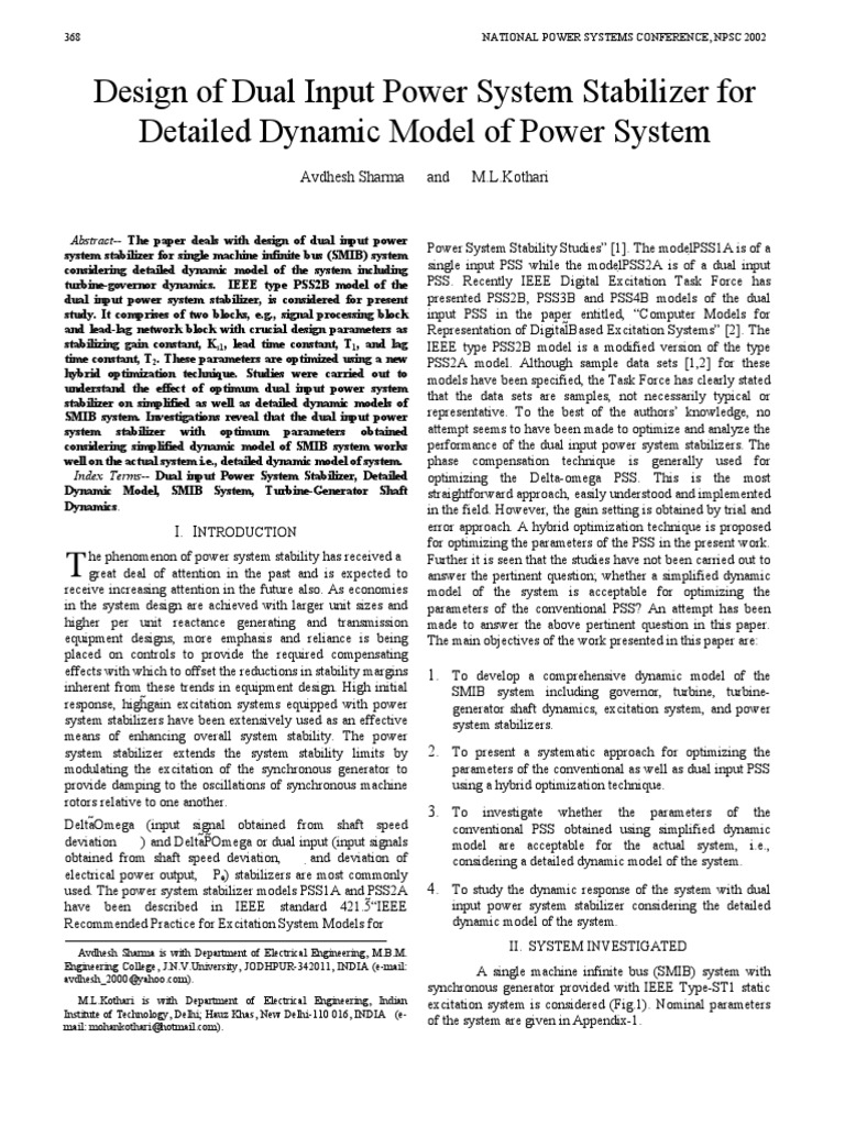 Design of Dual Input Power System Stabilizer For Detailed Dynamic Model of Power System | PDF ...