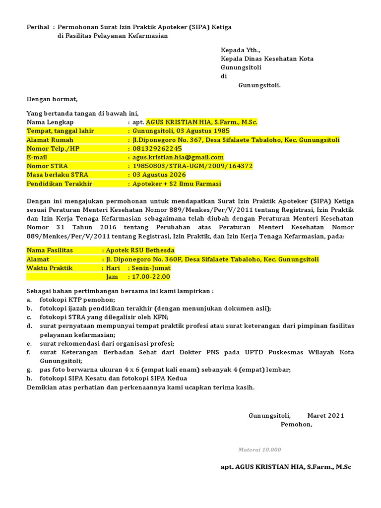 Permohonan SIPA Apoteker - Apotek Kani | PDF