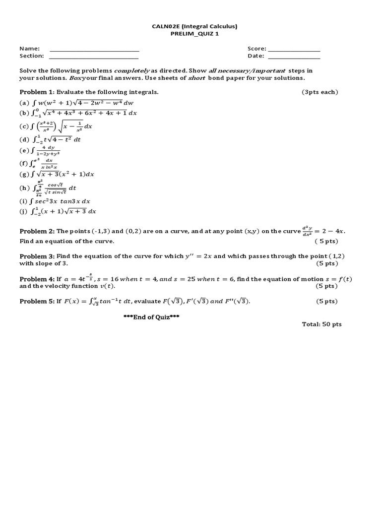 Integral Calculus Quiz | PDF