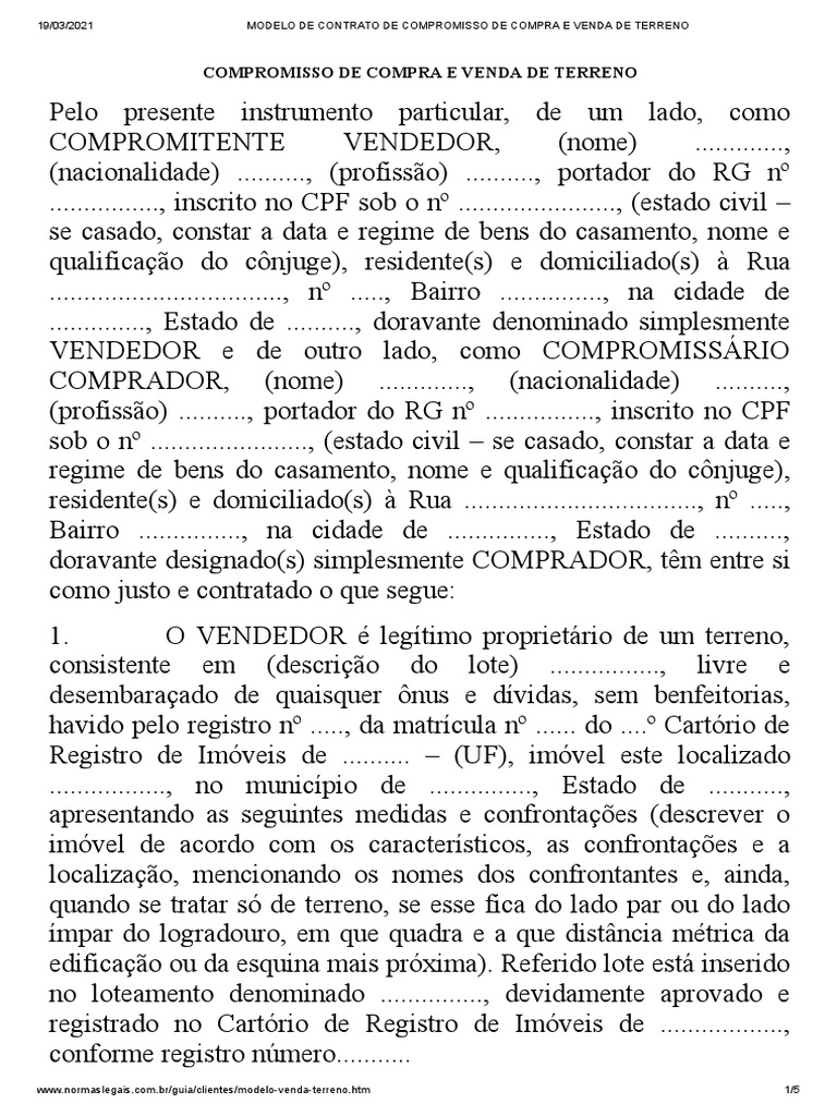 Modelo De Contrato De Compromisso De Compra E Venda De Terreno
