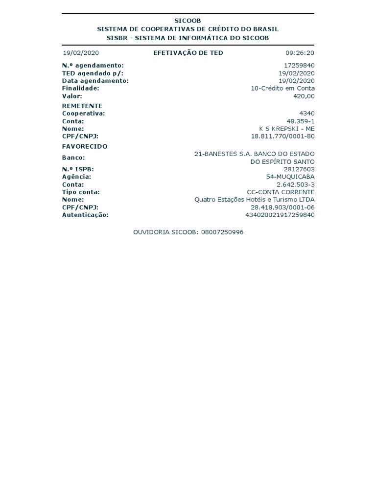 Sicoob Comprovante (19-02-2020 09-26-33) | PDF Sicoob Comprovante (19-02-2020 09-26-33) | PDF