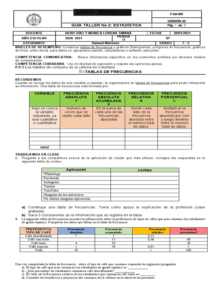Guia - Taller Estadistica Grado 7 1nivel | PDF | café | Histograma