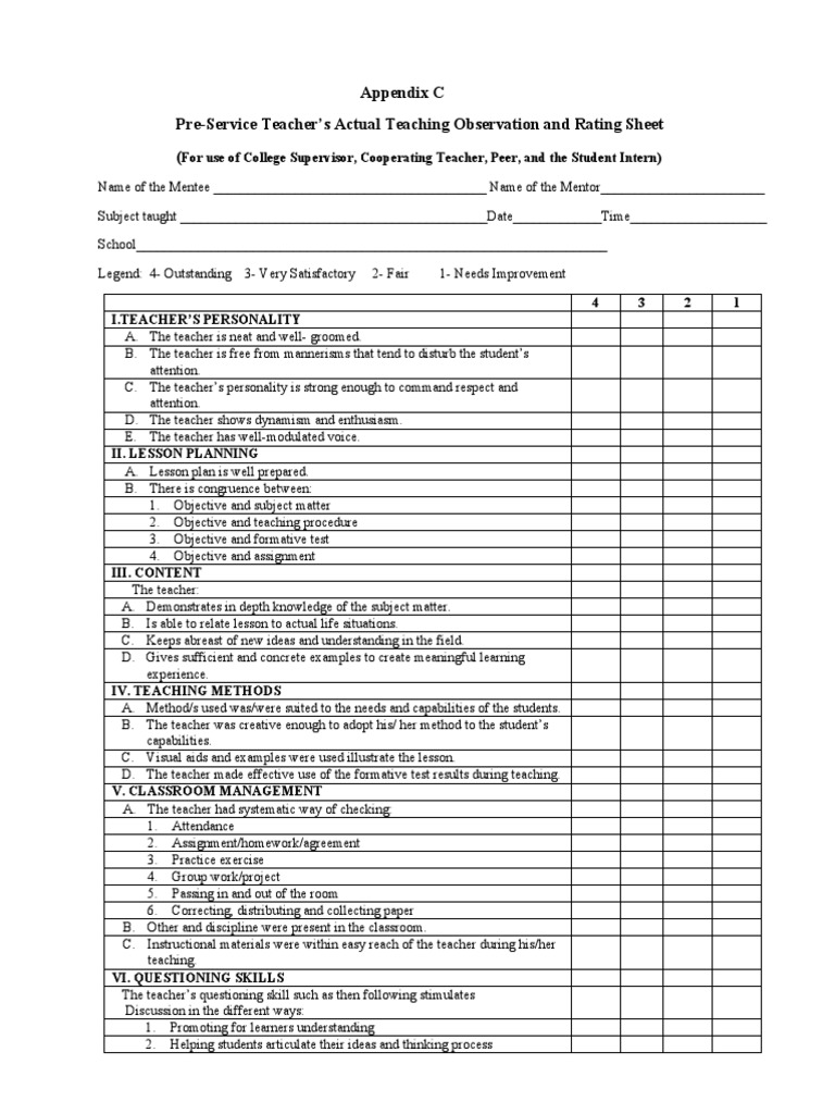 Appendix C Pre Service Teachers Actual Teaching Observation and Rating ...