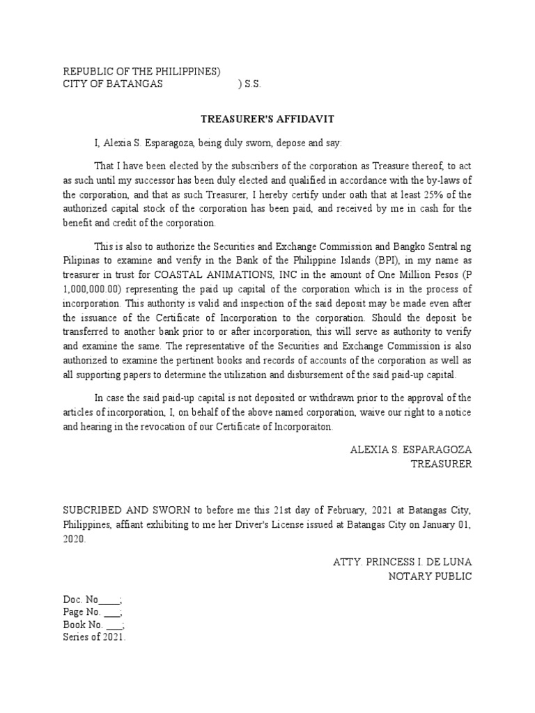Treasurer's Affidavit | PDF