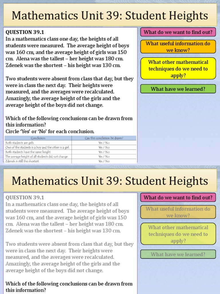 Mathematics Unit 39: Student Heights | PDF | Metrology | Teaching ...