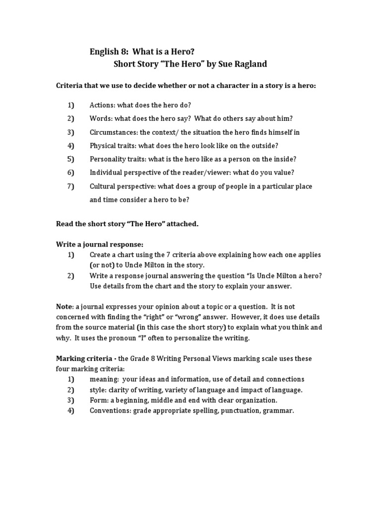 The Hero Short Story Activity | PDF | Hero | Question