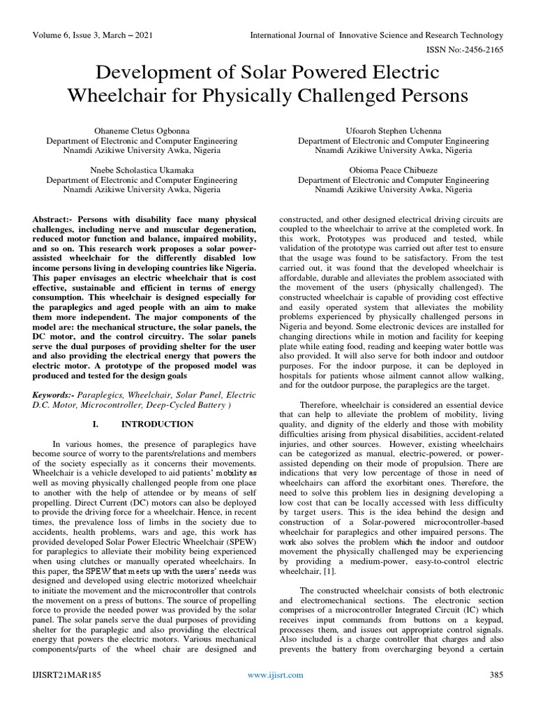 Development of Solar Powered Electric Wheelchair For Physically ...